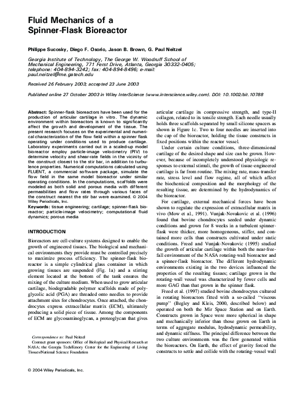 (PDF) Fluid mechanics of a spinner-flask bioreactor