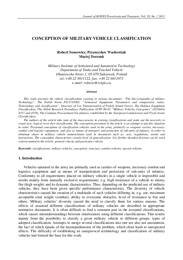 (PDF) Conception of military vehicle classification