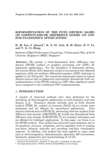 (PDF) Implementation of the FDTD Method Based on Lorentz-Drude Dispersive Model on Gpu for ...
