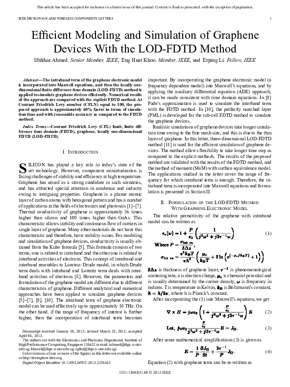 Pdf Efficient Modeling And Simulation Of Graphene Devices With The Lod Fdtd Method