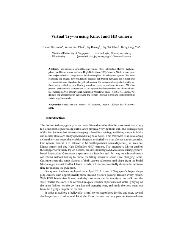 (PDF) Virtual Try-On Using Kinect and HD Camera