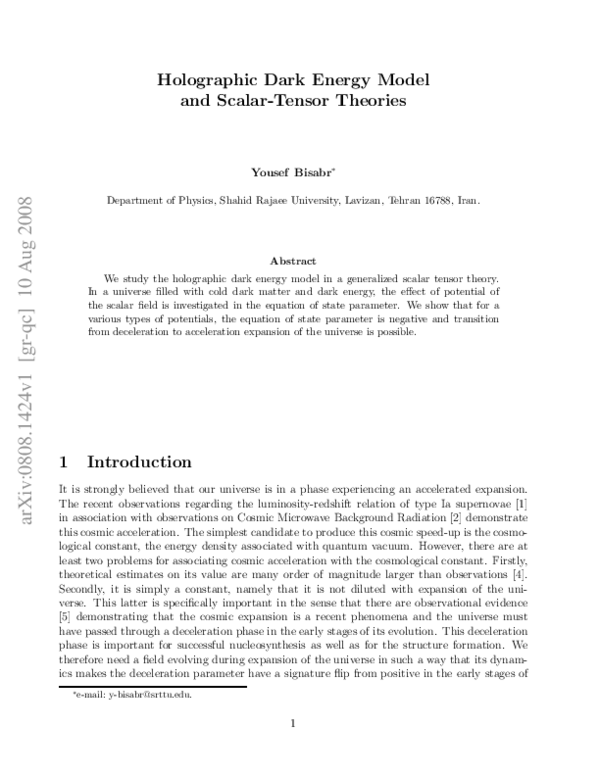 (PDF) Holographic dark energy model and scalar-tensor theories | yousef ...