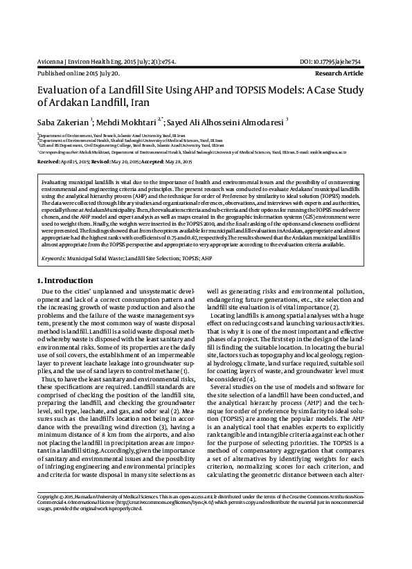 (PDF) Evaluation of a Landfill Site Using AHP and TOPSIS Models: A Case ...