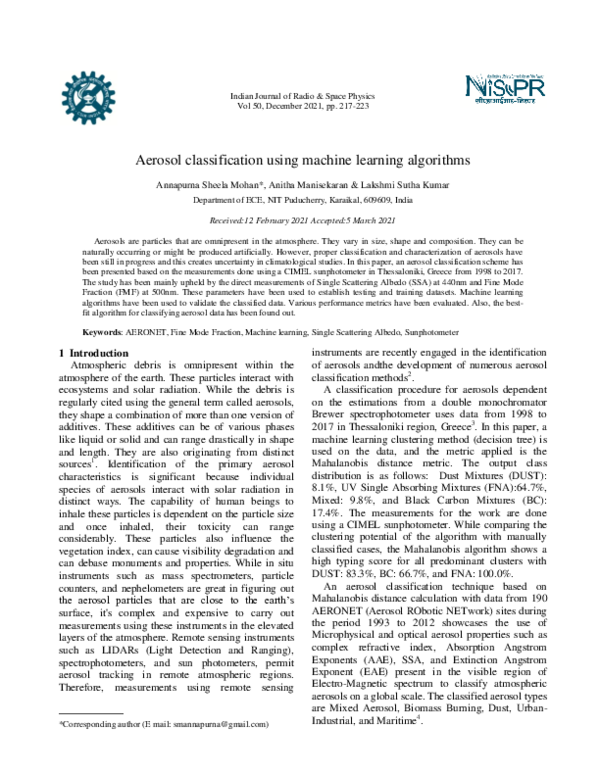 Pdf Aerosol Classification Using Machine Learning Algorithms