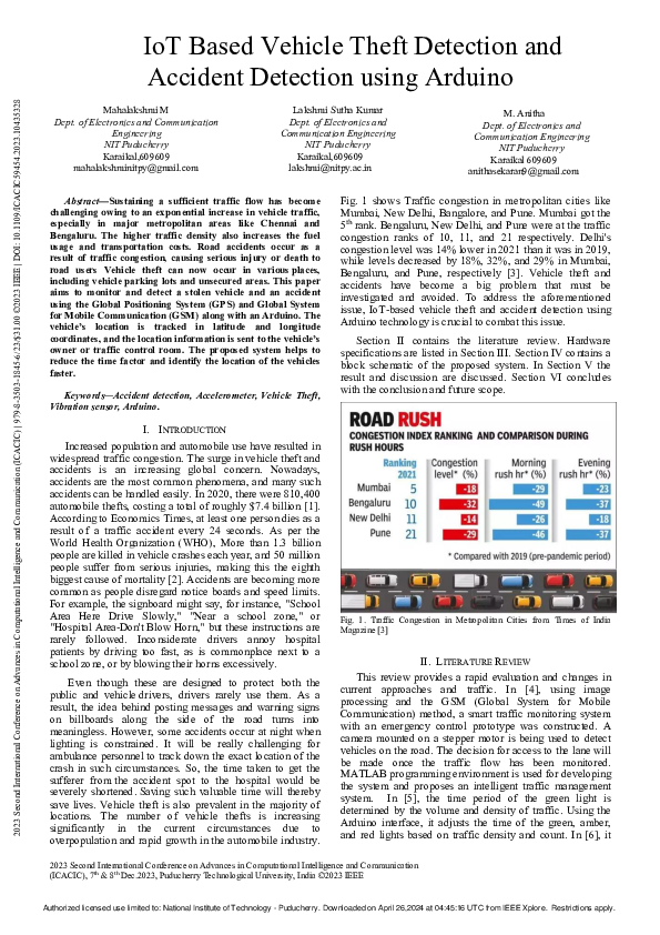 Pdf Iot Based Vehicle Theft Detection And Accident Detection Using Arduino