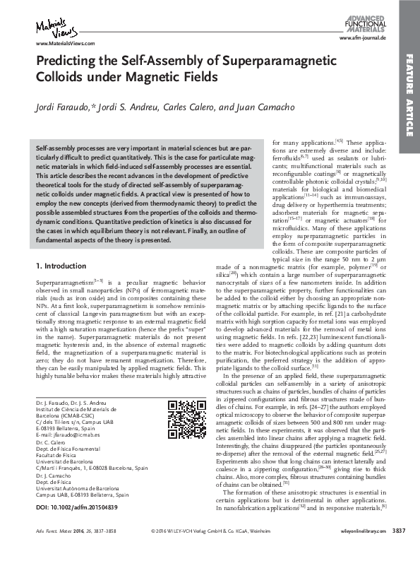 (PDF) Predicting the Self‐Assembly of Superparamagnetic Colloids under Magnetic Fields