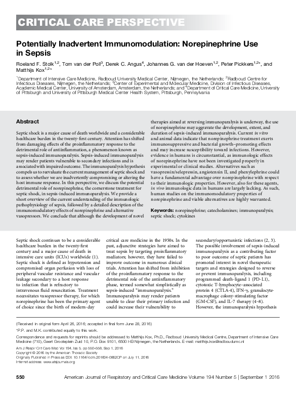 (PDF) Potentially Inadvertent Immunomodulation: Norepinephrine Use in ...
