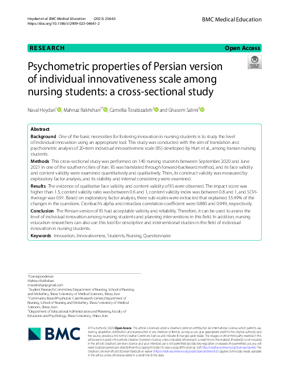 (PDF) Psychometric Evaluation of Persian Innovativeness Scale in Nursing