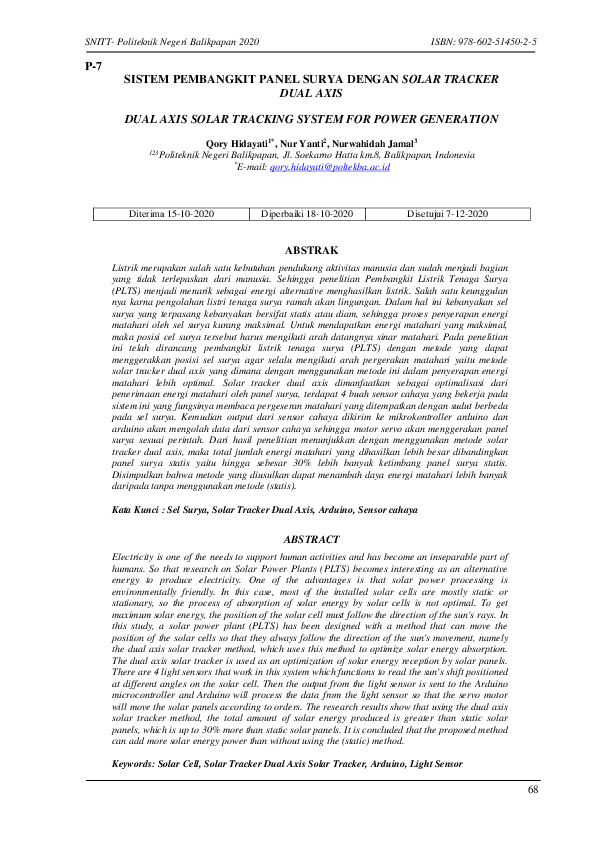 (PDF) Sistem Pembangkit Panel Surya Dengan Solar Tracker Dual Axis