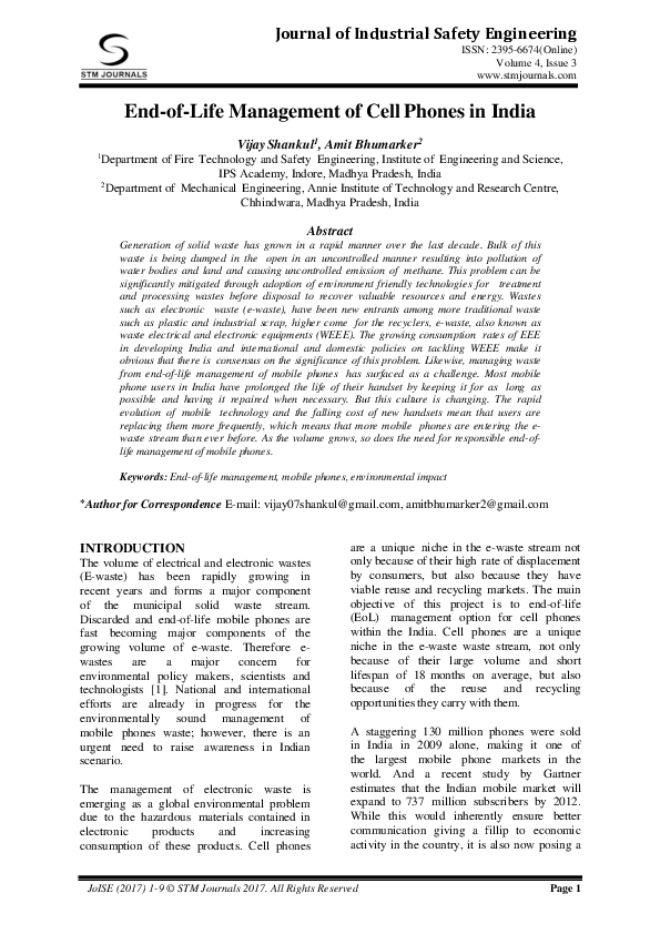 (PDF) End-of-Life Management of Cell Phones in India