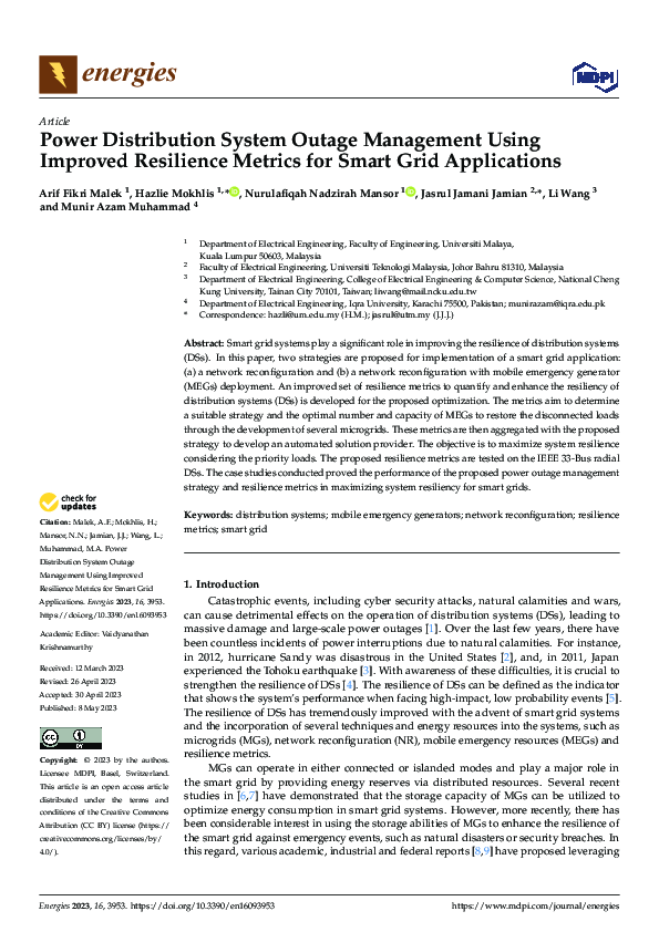 (PDF) Power Distribution System Outage Management Using Improved Resilience Metrics for Smart ...