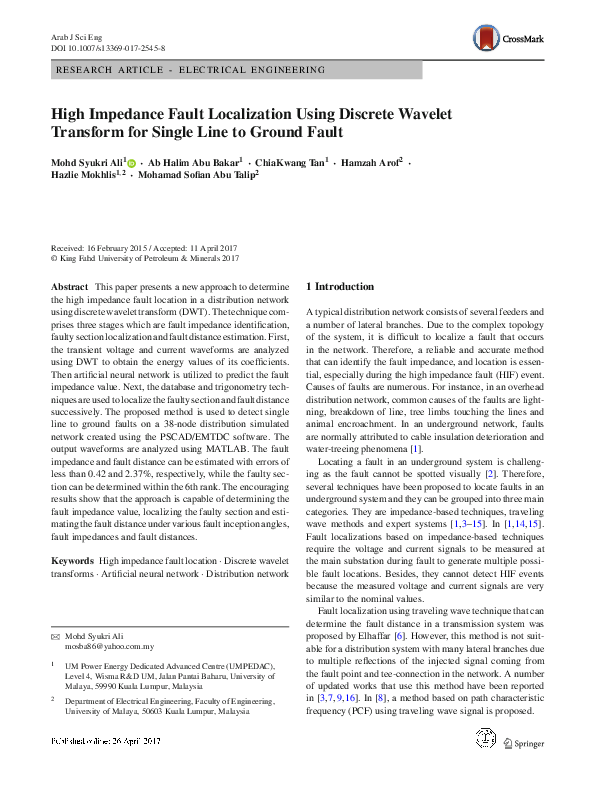 (PDF) High Impedance Fault Localization Using Discrete Wavelet Transform for Single Line to ...