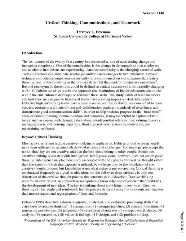 (PDF) Critical Thinking, Communications, And Teamwork