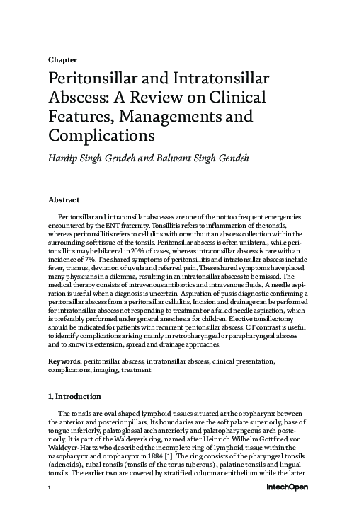 (PDF) Peritonsillar and Intratonsillar Abscess: A Review on Clinical ...