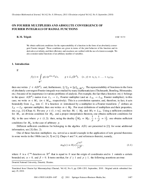 (PDF) On Fourier multipliers and absolute convergence of Fourier integrals of radial functions