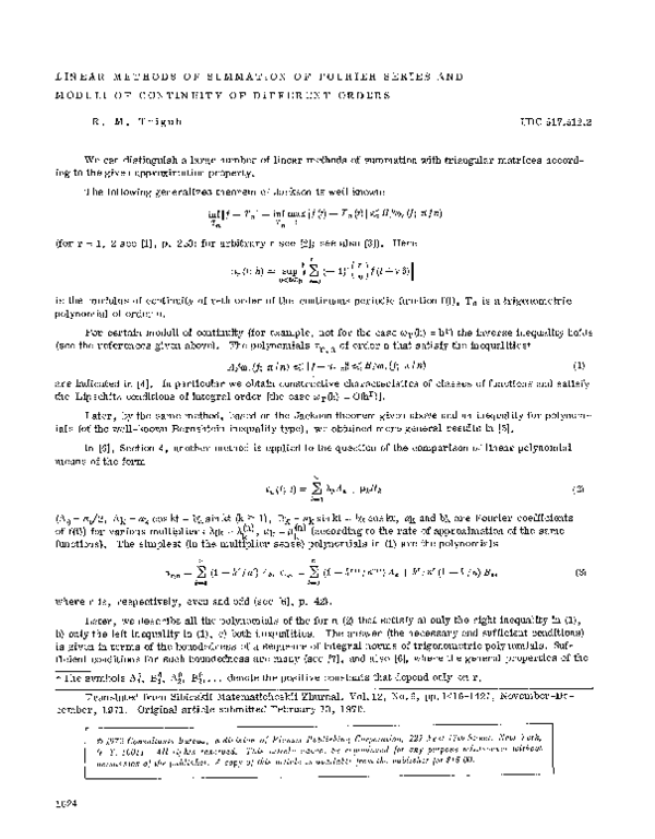 (PDF) Linear methods of summation of Fourier series and moduli of continuity of different orders