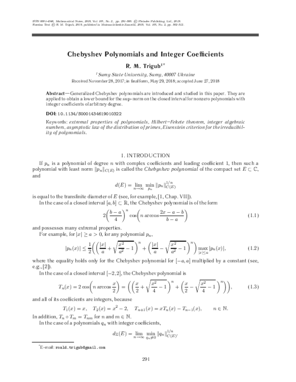 (PDF) Chebyshev Polynomials and Integer Coefficients