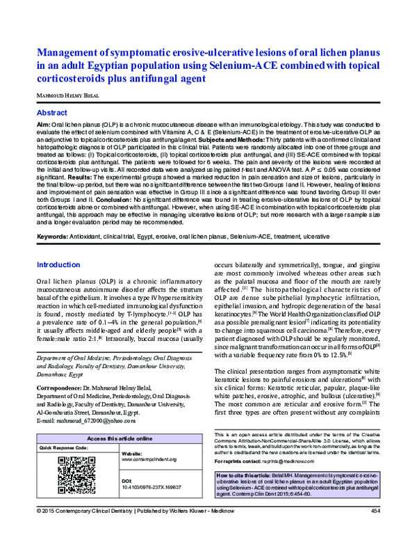 (PDF) Management of symptomatic erosive-ulcerative lesions of oral lichen planus in an adult ...