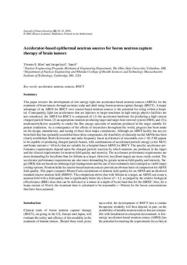 (PDF) Accelerator-based epithermal neutron sources for boron neutron capture therapy of brain tumors