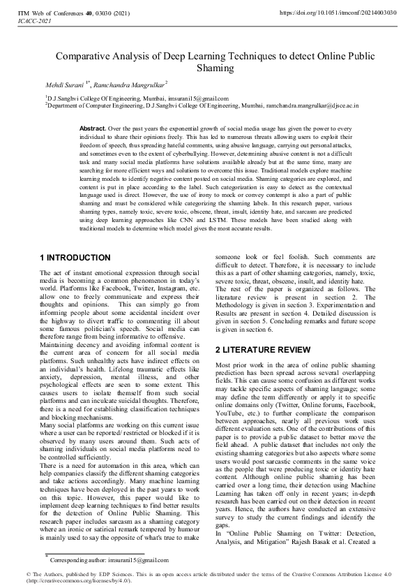 (PDF) Comparative Analysis of Deep Learning Techniques to detect Online Public Shaming | Nikhil ...