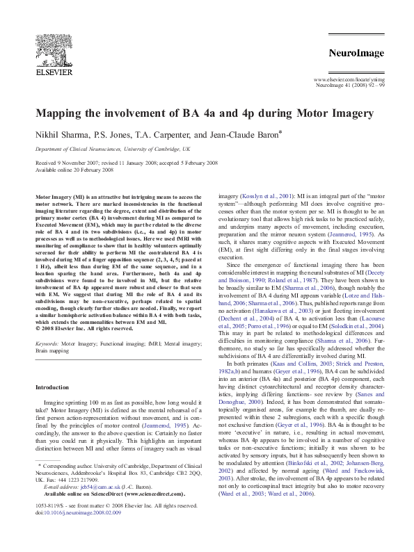 (PDF) Mapping the involvement of BA 4a and 4p during Motor Imagery
