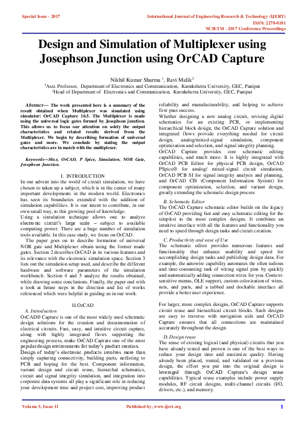 (PDF) Design and Simulation of Multiplexer using Josephson junction using OrCAD Capture