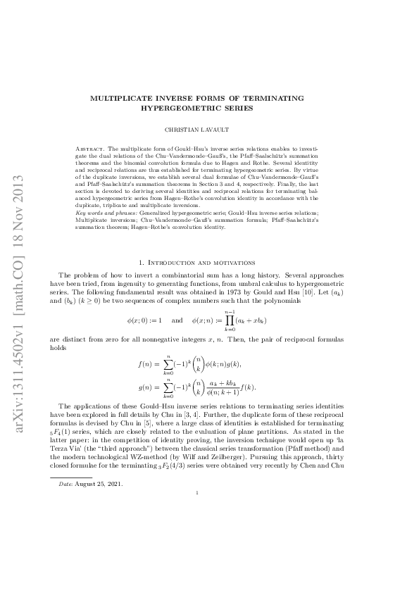 (PDF) Multiplicate inverse forms of terminating hypergeometric series