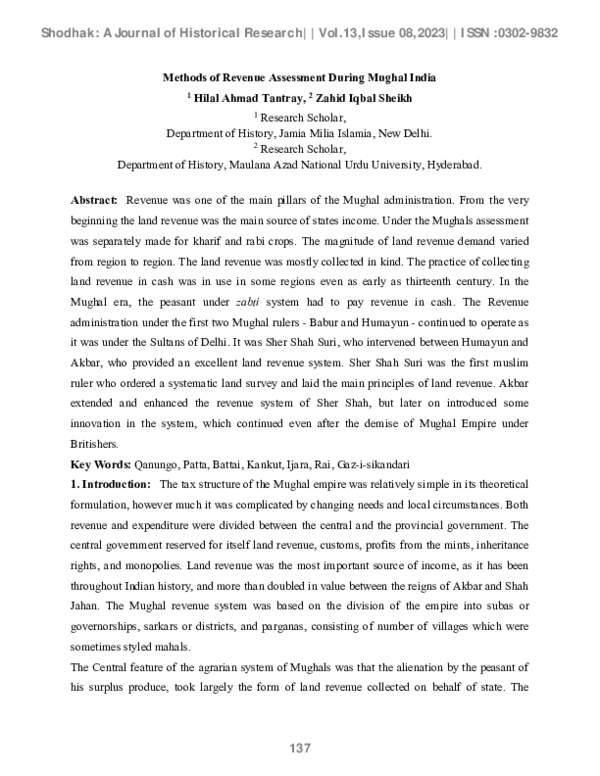 (PDF) Methods of Revenue Assessment During Mughal India
