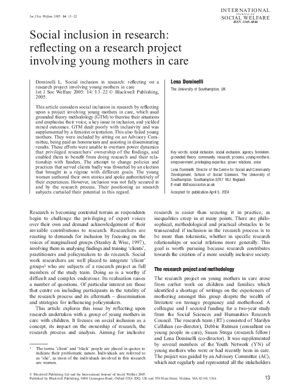 (PDF) Social inclusion in research: reflecting on a research project ...