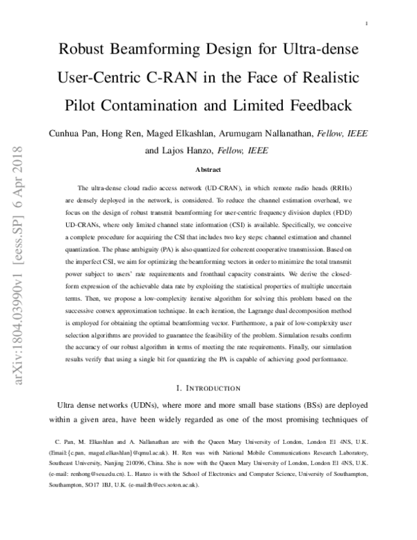 (PDF) Robust Beamforming Design for Ultra-dense User-Centric C-RAN in the Face of Realistic ...