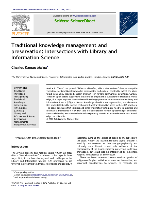 (PDF) Traditional knowledge management and preservation: Intersections ...