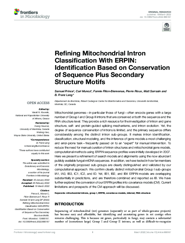 (PDF) Refining Mitochondrial Intron Classification With ERPIN: Identification Based on ...