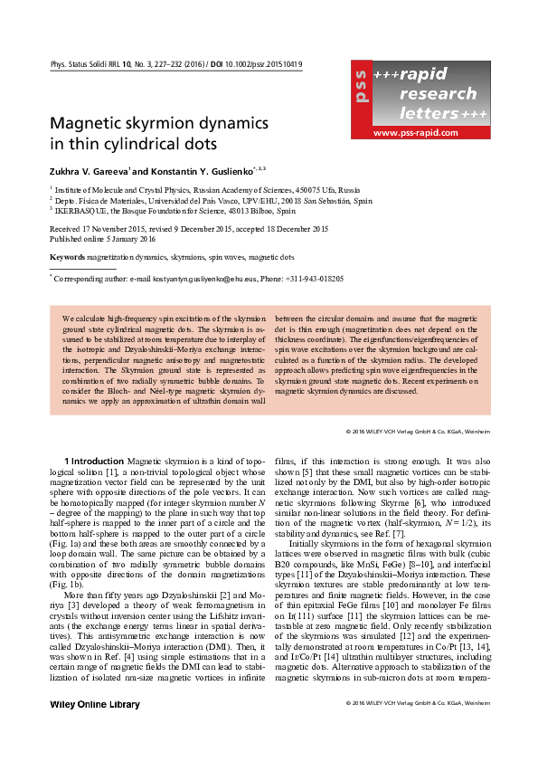 (PDF) Magnetic skyrmion dynamics in thin cylindrical dots | Zukhra Gareeva - Academia.edu