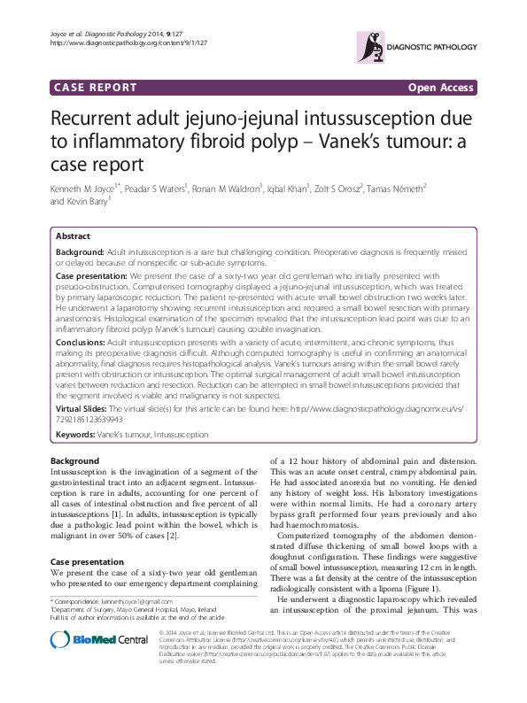 (PDF) Recurrent adult jejuno-jejunal intussusception due to inflammatory fibroid polyp – Vanek’s ...