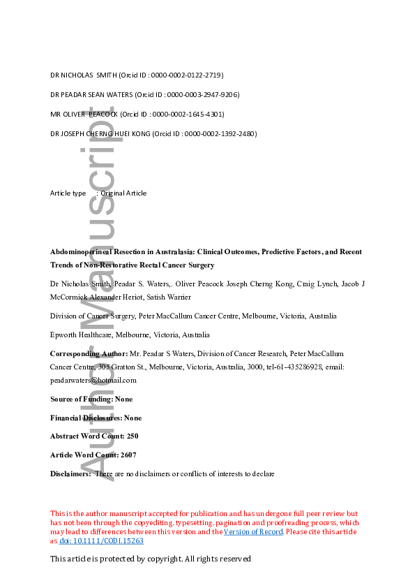 (PDF) Abdominoperineal excision in Australasia: clinical outcomes ...