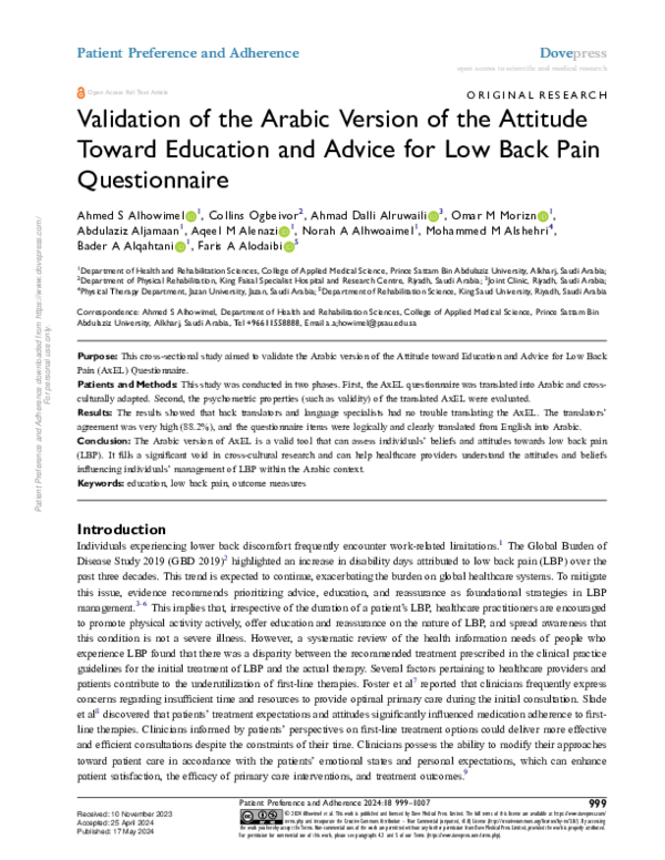 (PDF) Validation of the Arabic Version of the Attitude Toward Education and Advice for Low Back ...
