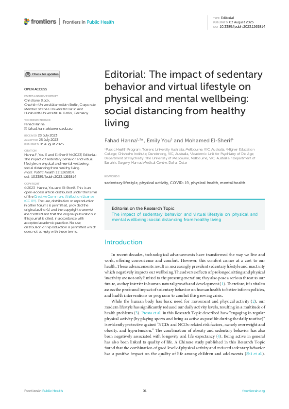 (PDF) Editorial: The impact of sedentary behavior and virtual lifestyle on physical and mental ...