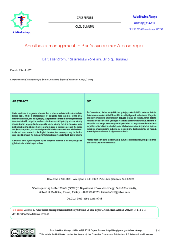 (PDF) Anesthesia management in Bart's syndrome: A case report