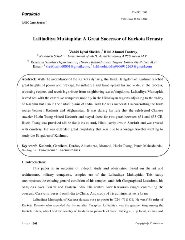 (PDF) Lalitaditya Muktapida: A Great Successor of Karkota Dynasty