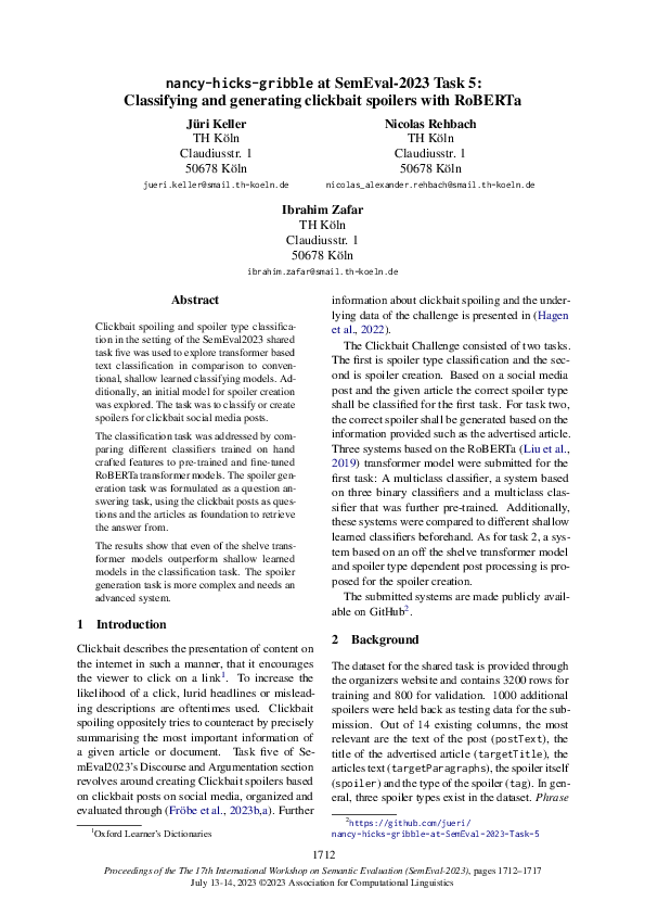 (PDF) nancy-hicks-gribble at SemEval-2023 Task 5: Classifying and generating clickbait spoilers ...