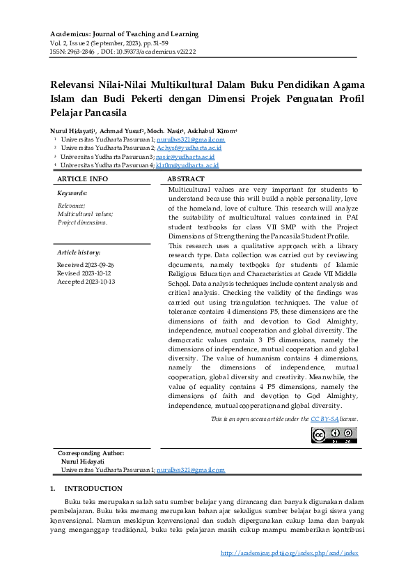 (PDF) Relevansi Nilai-Nilai Multikultural Dalam Buku Pendidikan Agama Islam dan Budi Pekerti ...