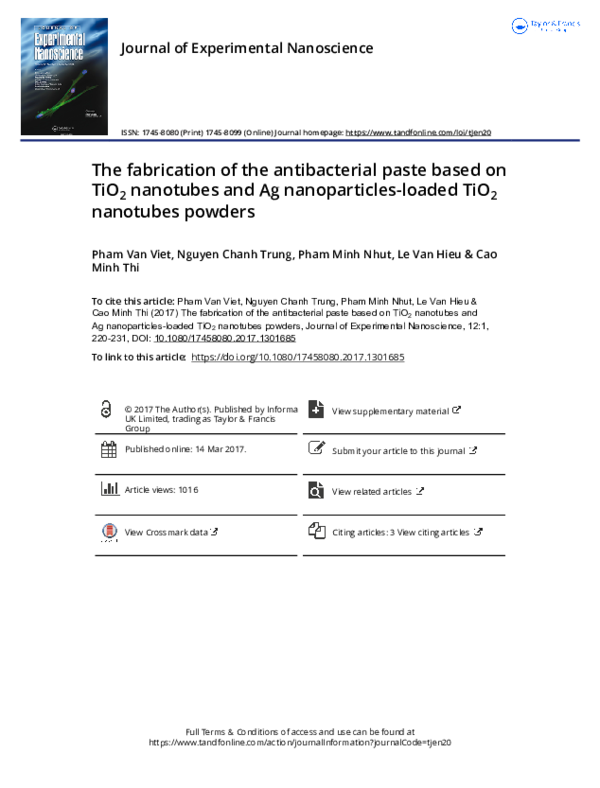 (PDF) The fabrication of the antibacterial paste based on TiO2 nanotubes and Ag nanoparticles ...