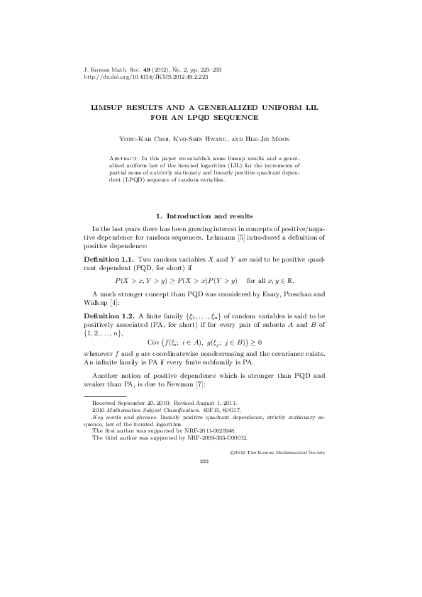 (PDF) Limsup Results and a Generalized Uniform Lil for an LPQD Sequence