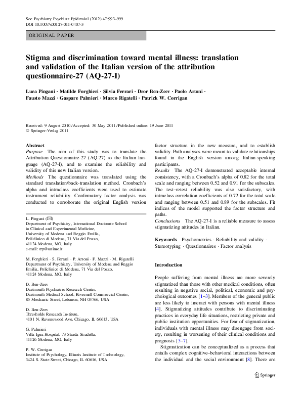 (PDF) Stigma and discrimination toward mental illness: translation and ...