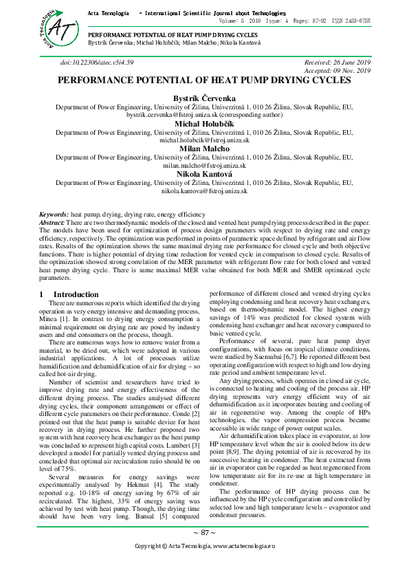 (PDF) Performance Potential of Heat Pump Drying Cycles