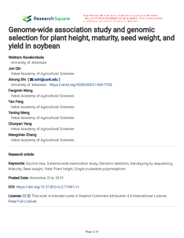 (PDF) Genome-wide association study and genomic selection for plant height, maturity, seed ...