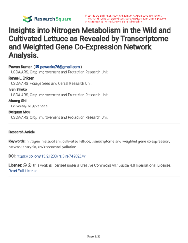(PDF) Insights into Nitrogen Metabolism in the Wild and Cultivated Lettuce as Revealed by ...