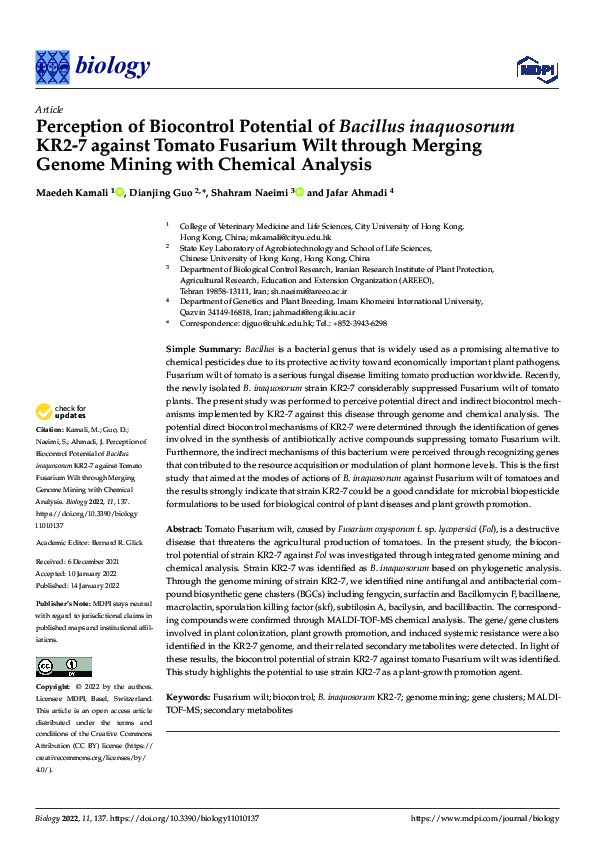 (PDF) Perception of Biocontrol Potential of Bacillus inaquosorum KR2-7 ...