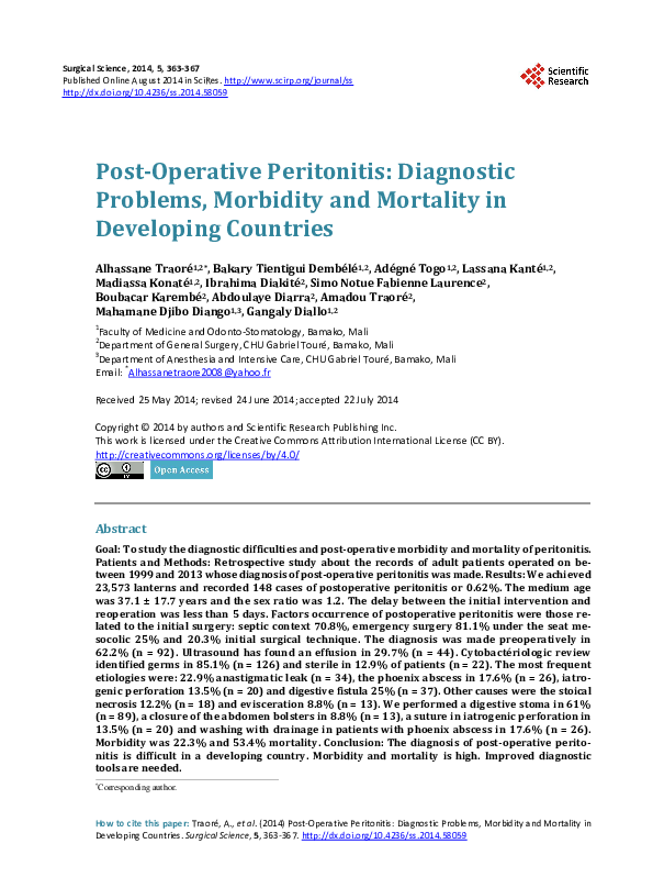 (PDF) Post-Operative Peritonitis: Diagnostic Problems, Morbidity and Mortality in Developing ...