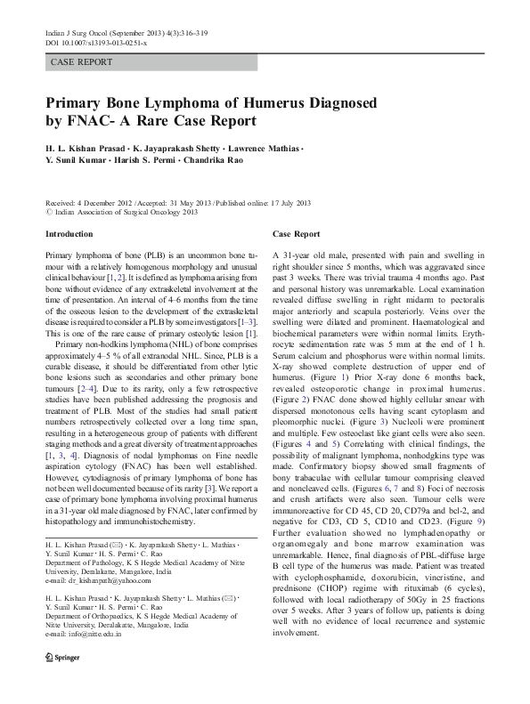 (PDF) Primary Bone Lymphoma of Humerus Diagnosed by FNAC- A Rare Case ...